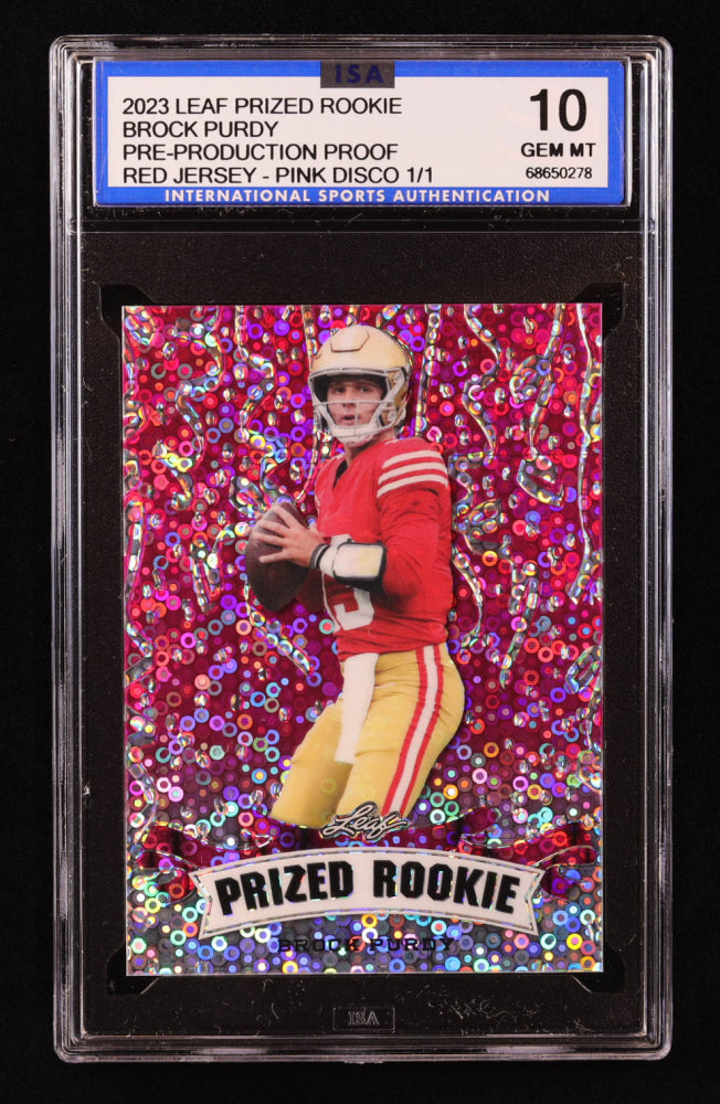 Brock Purdy 2023 Leaf Metal Prized Rookie Disco Pink Pre-Production Pr ...